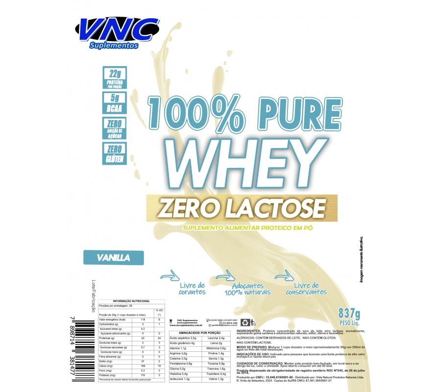 WHEY ZERO LACTOSE 100% PURO SABORES 837G - VNC SUPLEMENTOS | Vida ...